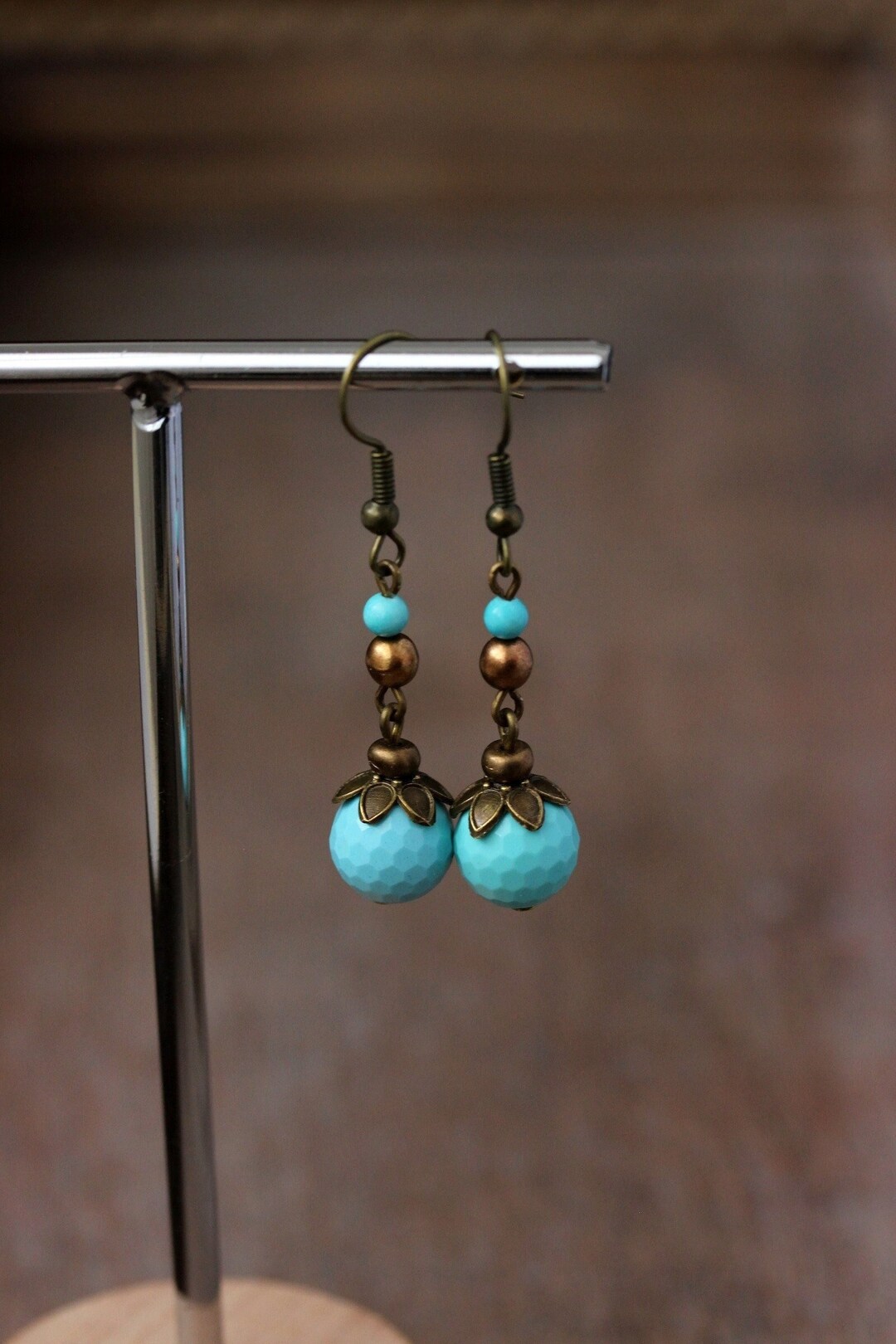 Turchese Blue Stone Earrings Dangle Brass Earrings Blue Bronze Beaded ...
