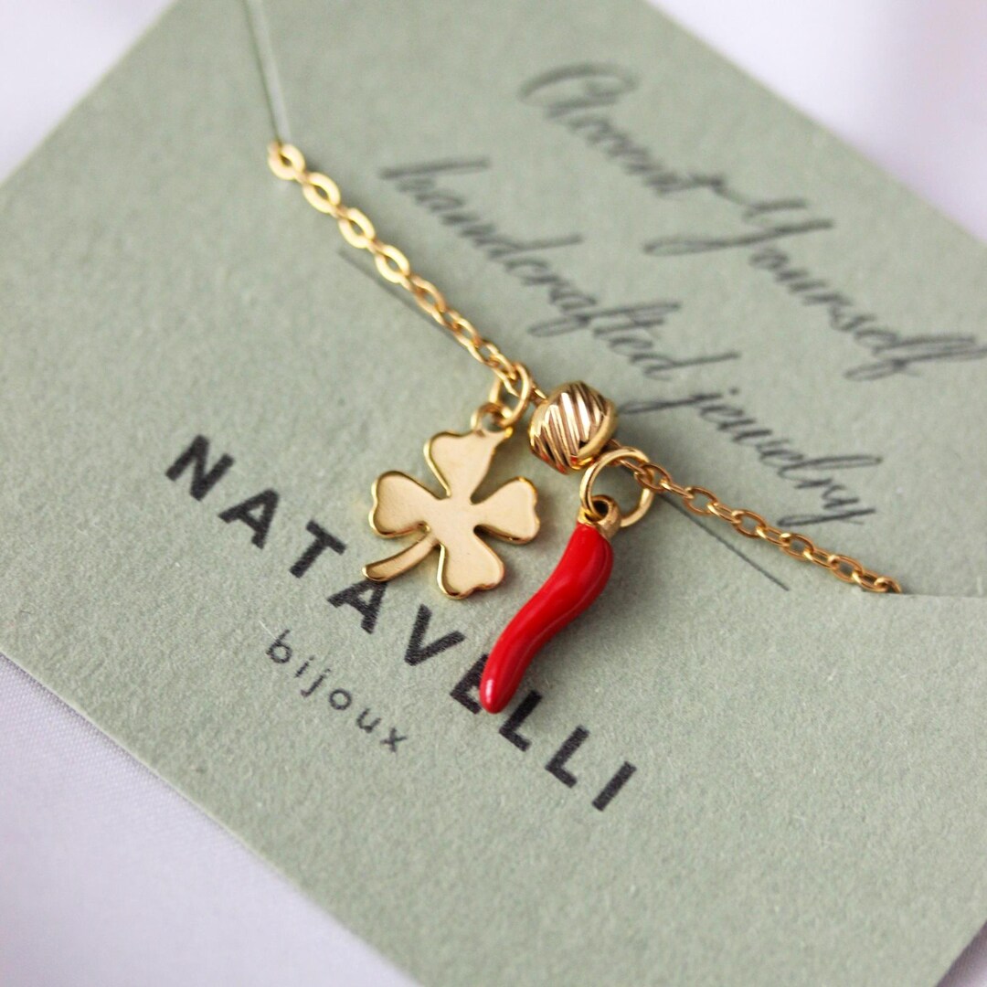Red Italian Horn & Four Leaf Clover Good Luck Bracelet Good Luck ...