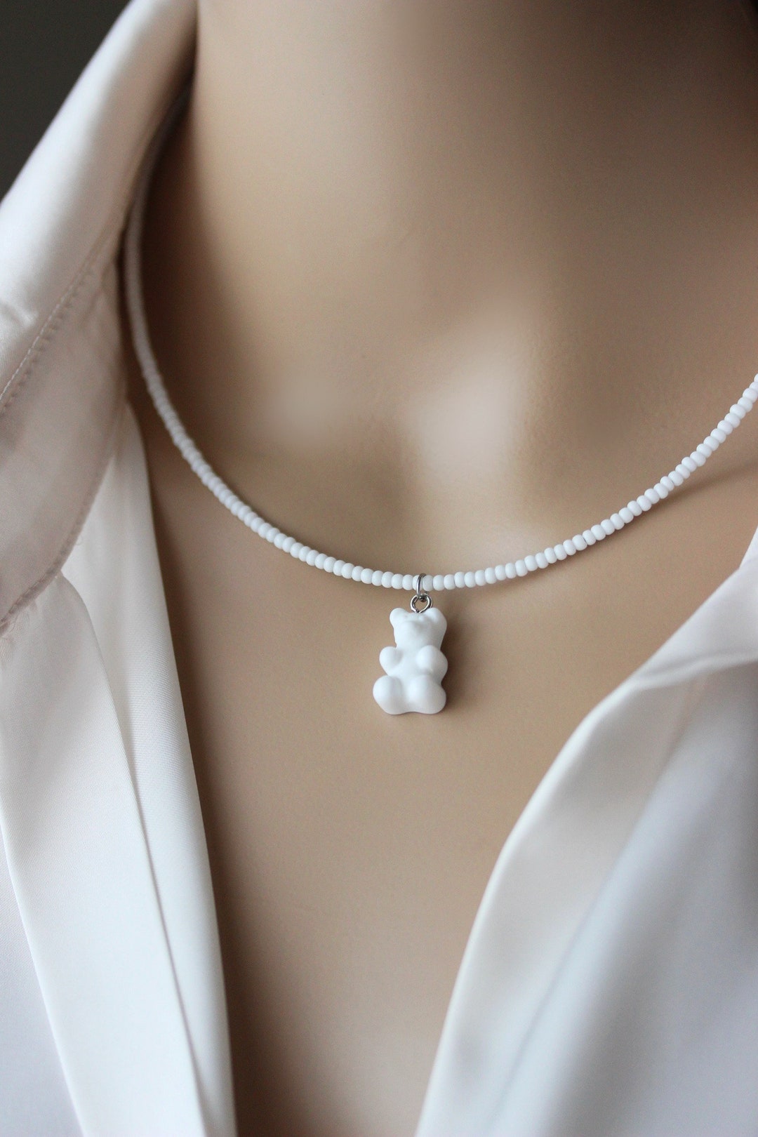White Gummy Bear Pendant Necklace White Choker Necklace Thin Seed Beads ...
