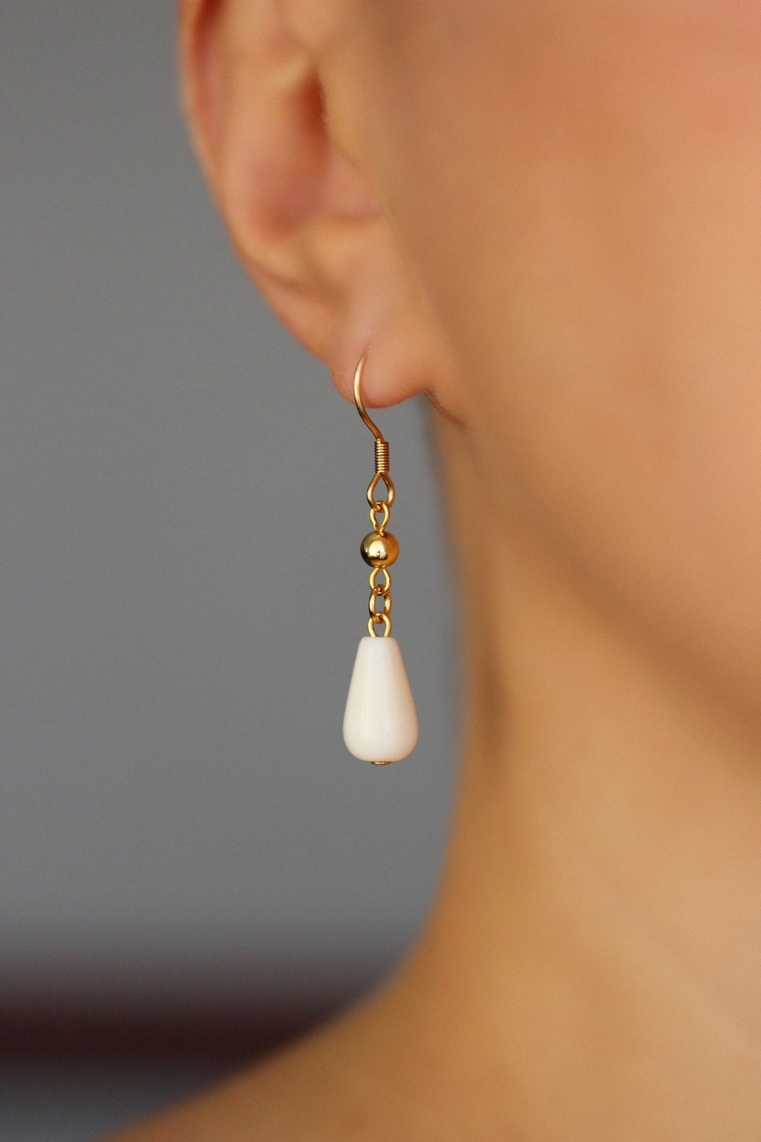 White Drop Earrings Elegant Gold Dangle Earrings Small Teadrop Earrings ...