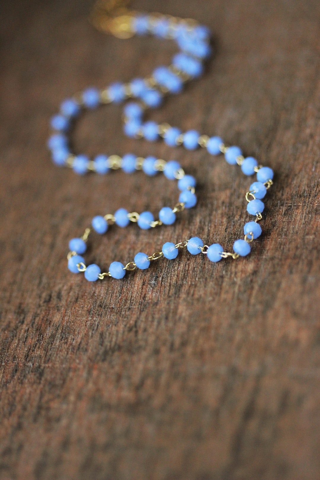Dainty Light Blue Rosary Style Chain Necklace Feminine Short Thin Gold ...