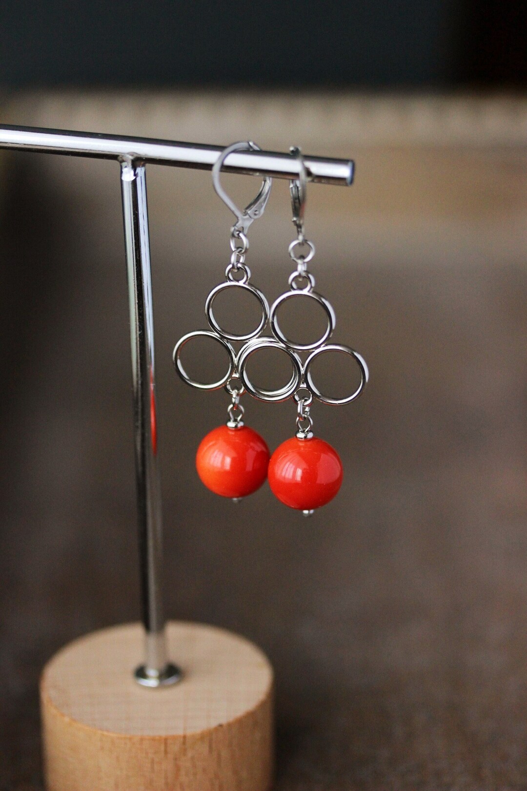 Silver Tone Geometric Earrings Big Red Beaded Earrings Silver Dangle ...
