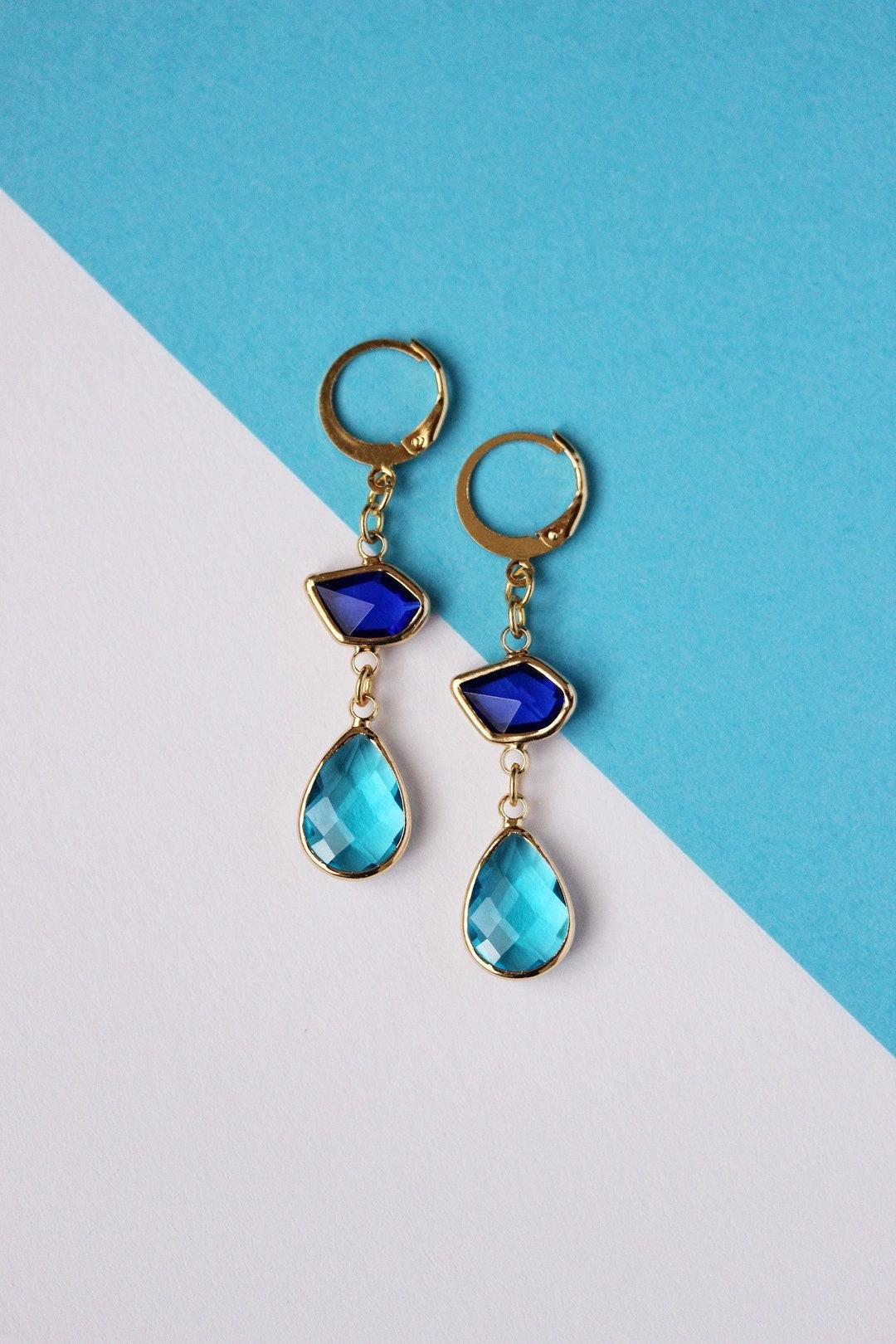 Blue Glass Drop Earrings Blue Bicolor Earrings Gold Blue Dangle ...
