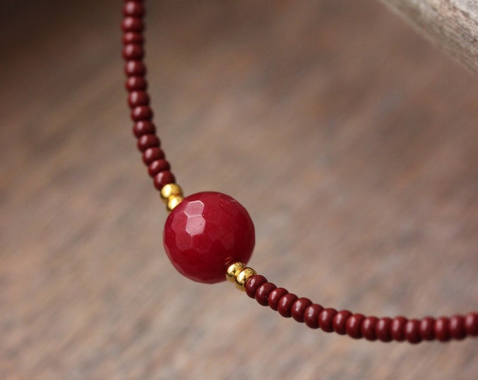 Dark Red Seed Beads Choker Ruby Root Stone Bead Necklace Ruby Single ...