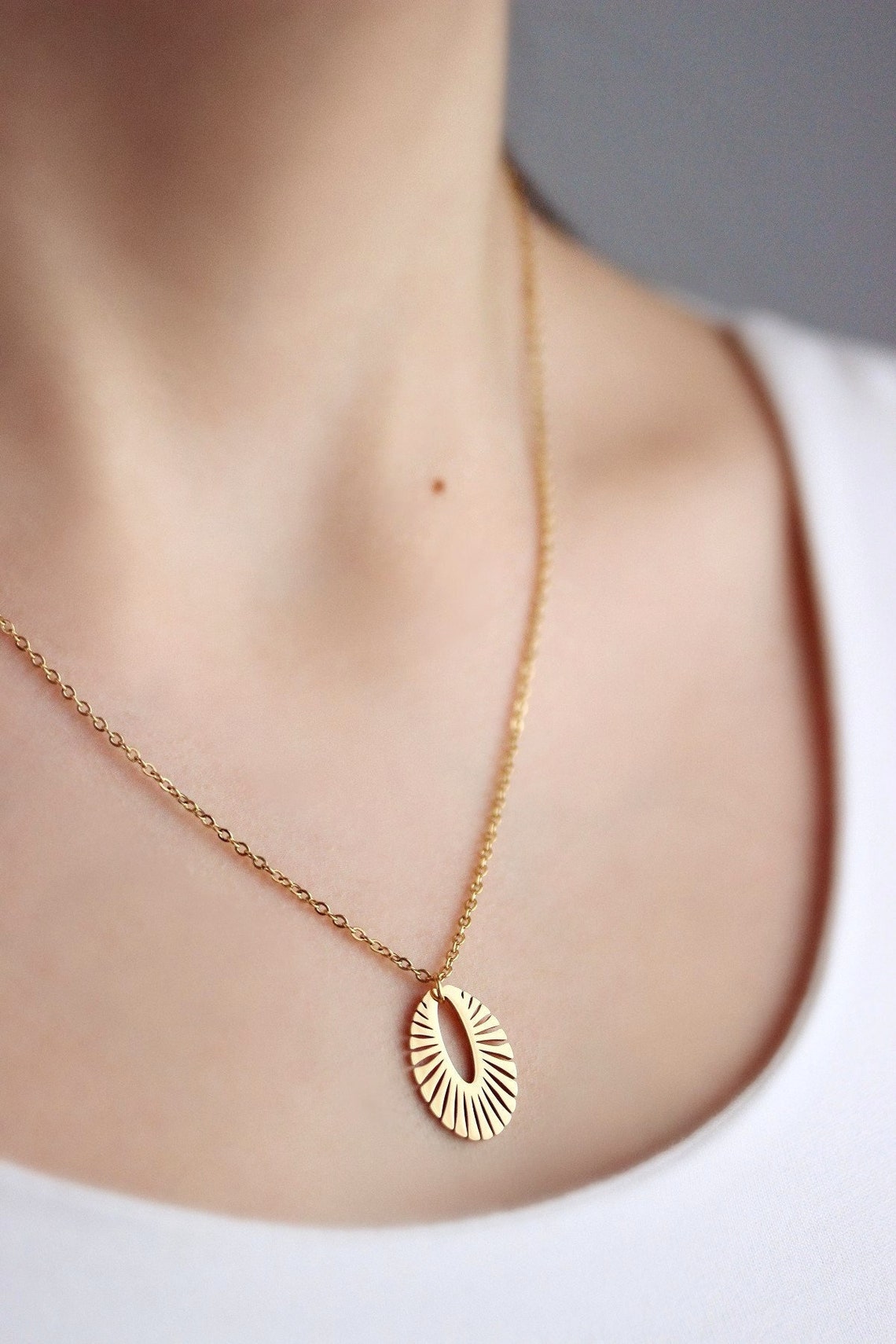 Gold Oval Pendant Necklace Sun Rays Oval Pendant Gold Plated - Etsy