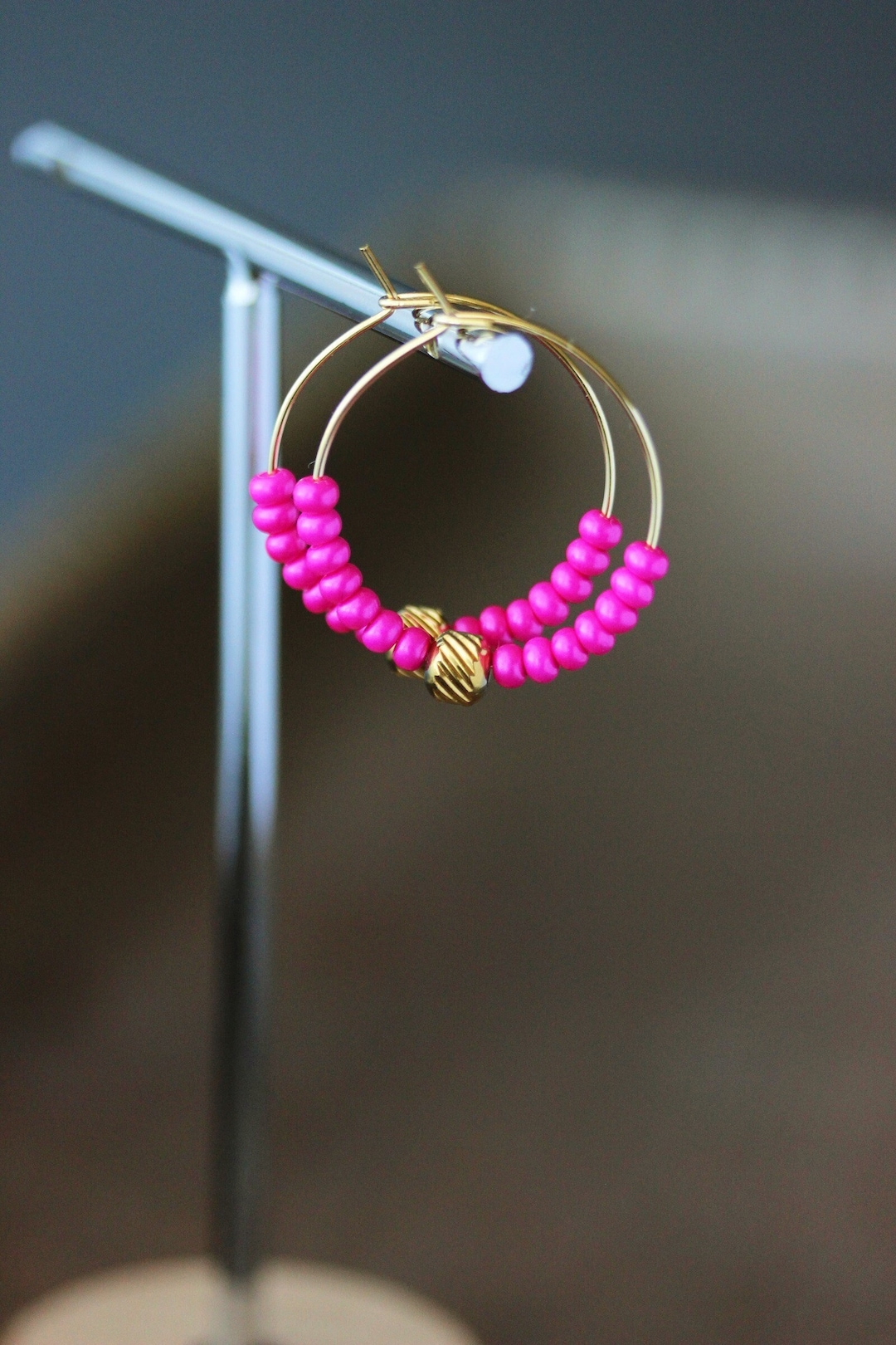 Pink Fuchsia Beaded Hoop Earrings Gold Hoops With Bright Pink Seed ...