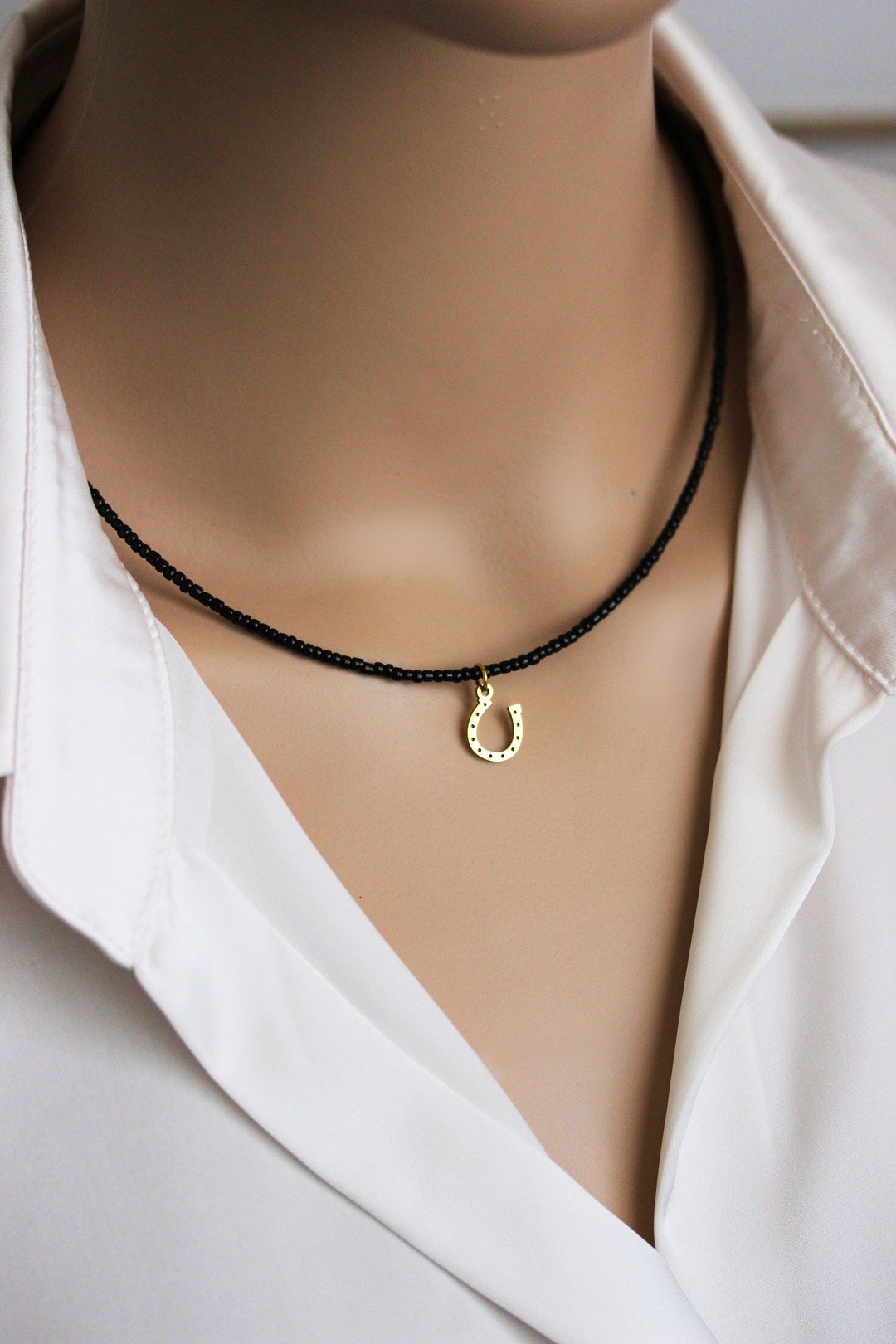 Lucky Horseshoe Pendant Necklace Thin Black Seed Beads Choker Luck ...