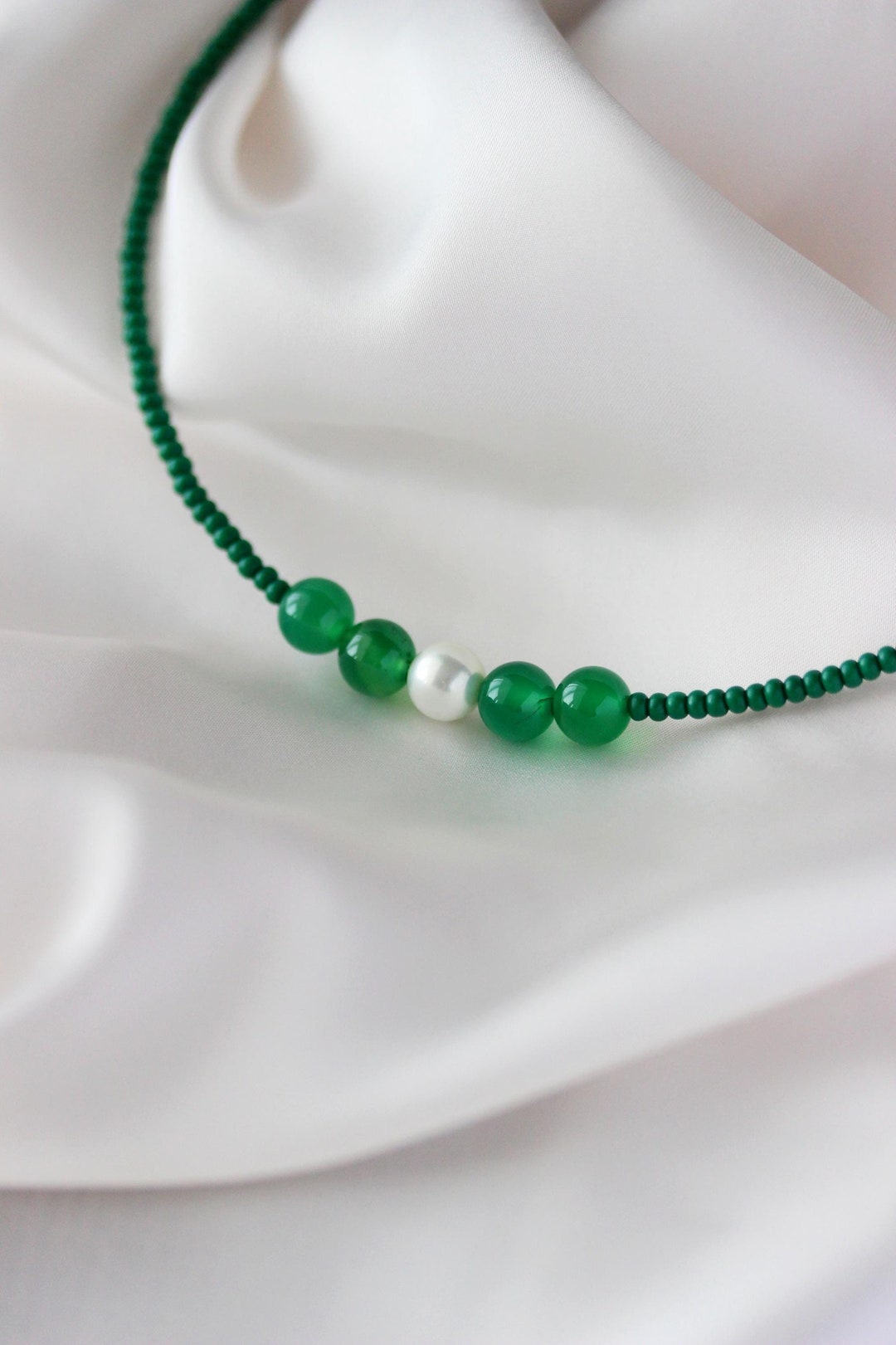 Green Glass Seed Beads Necklace Green Agate Stone Beads Necklace Choker ...