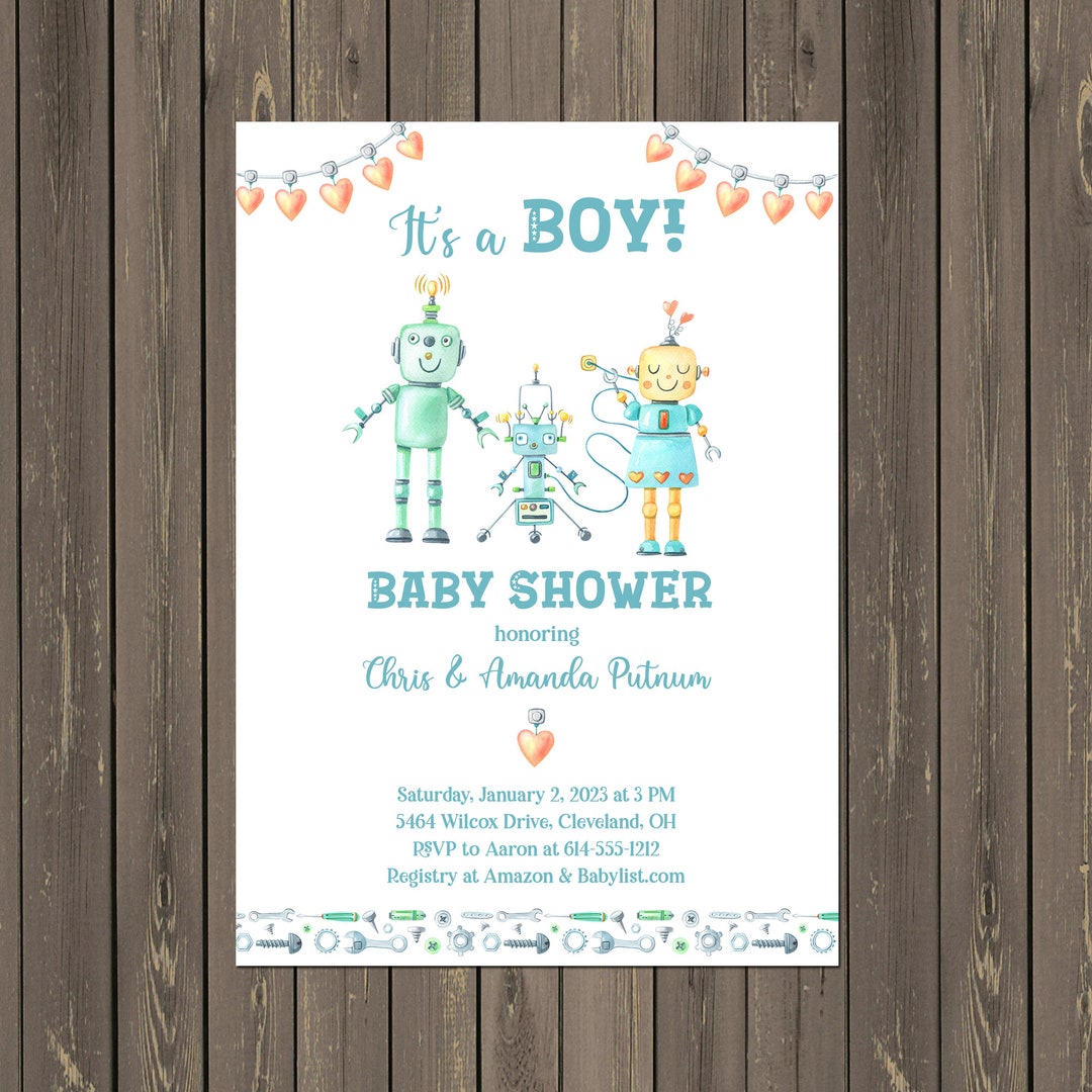 Robot Baby Shower Invitation: Boy Family Theme (printable or Printed ...