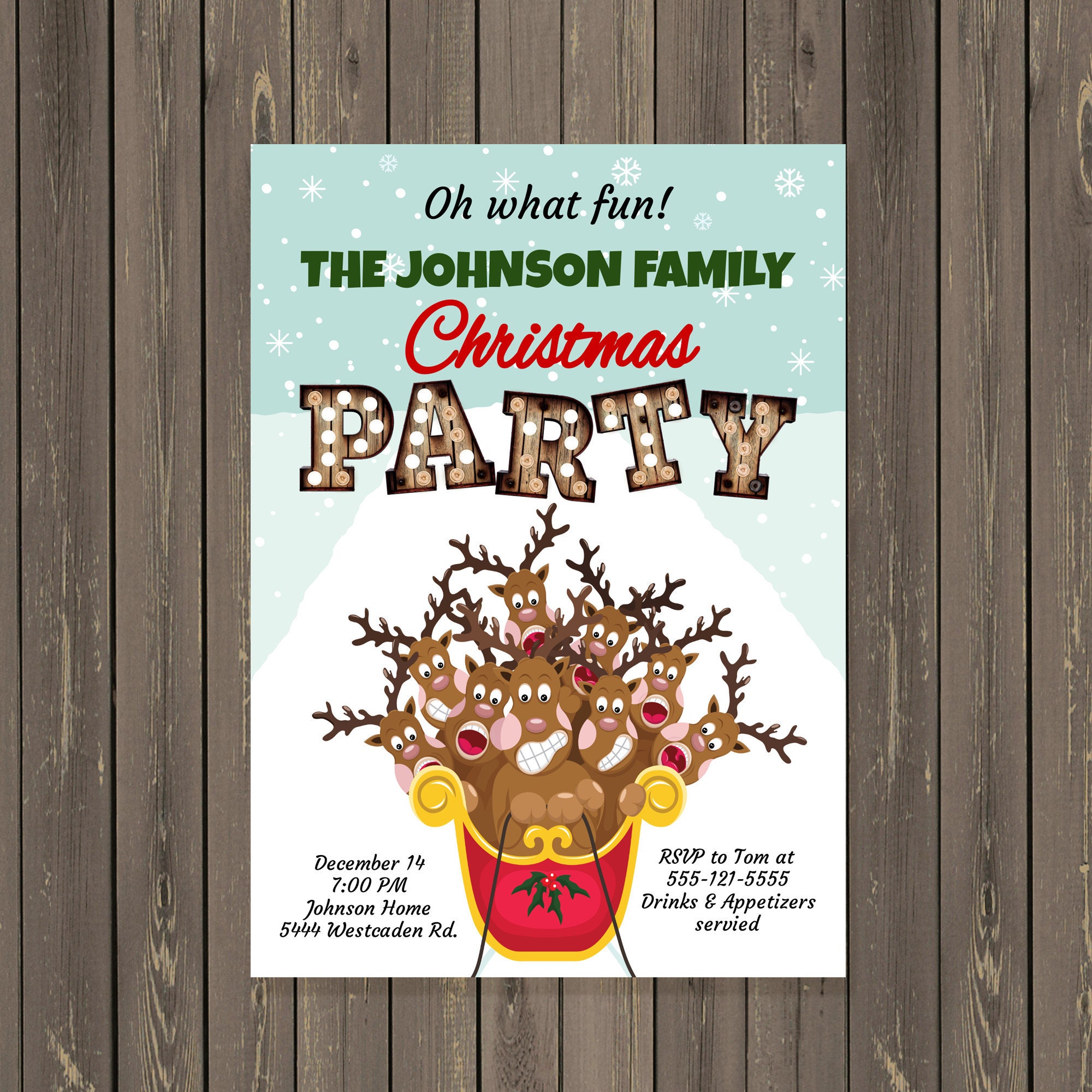 Funny Christmas Party Invitation, Reindeer With Sleigh Holiday Party ...