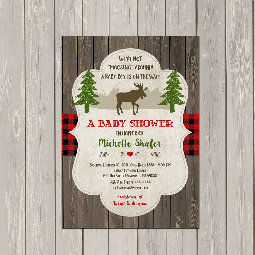 Moose Baby Shower Invitation, Lumberjack Moose Flannel Baby Shower ...