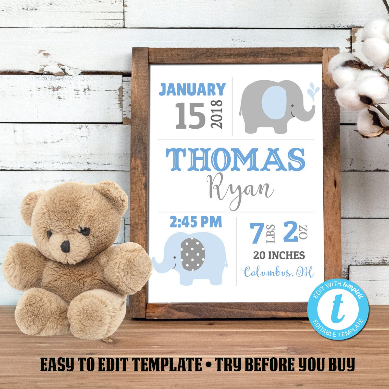 Birth Stats Printable Wall Art Baby Boy Birth Stats Elephant | Etsy