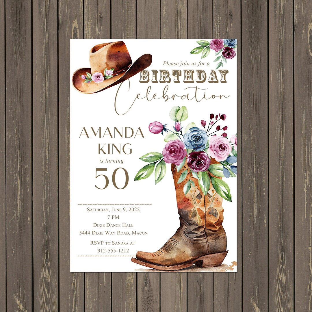 Cowgirl Rustic Birthday Party Invitation, Cowboy Boots and Hat With ...