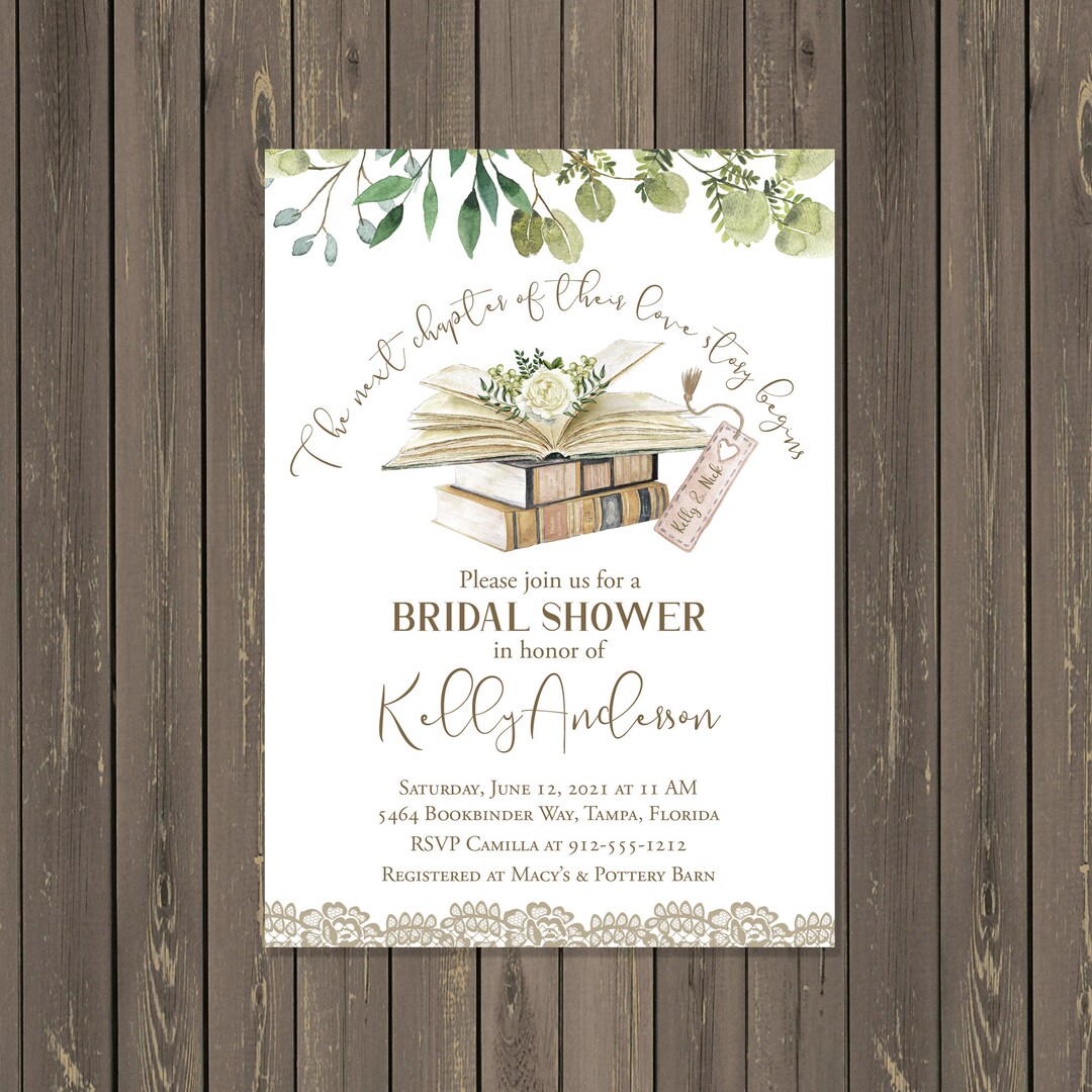 Book Themed Bridal Shower Invitation | Greenery Library Design ...