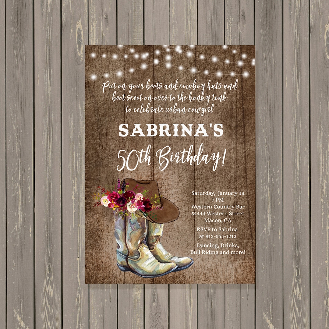 Cowgirl Rustic Birthday Party Invitation, Cowboy Boots With Flowers ...