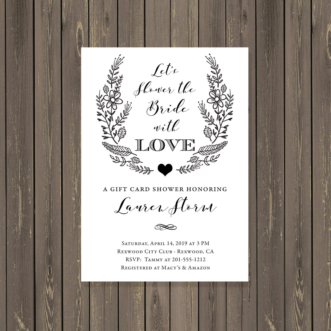 Gift Card Bridal Shower Invitation: Black & White Floral Design (DIY or ...