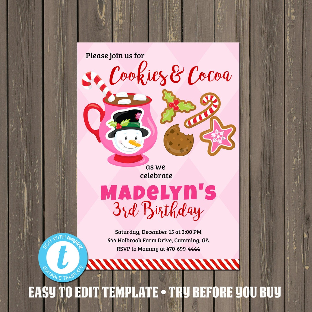 Cookies and Cocoa Birthday Party Invitation, Christmas Cookies and ...
