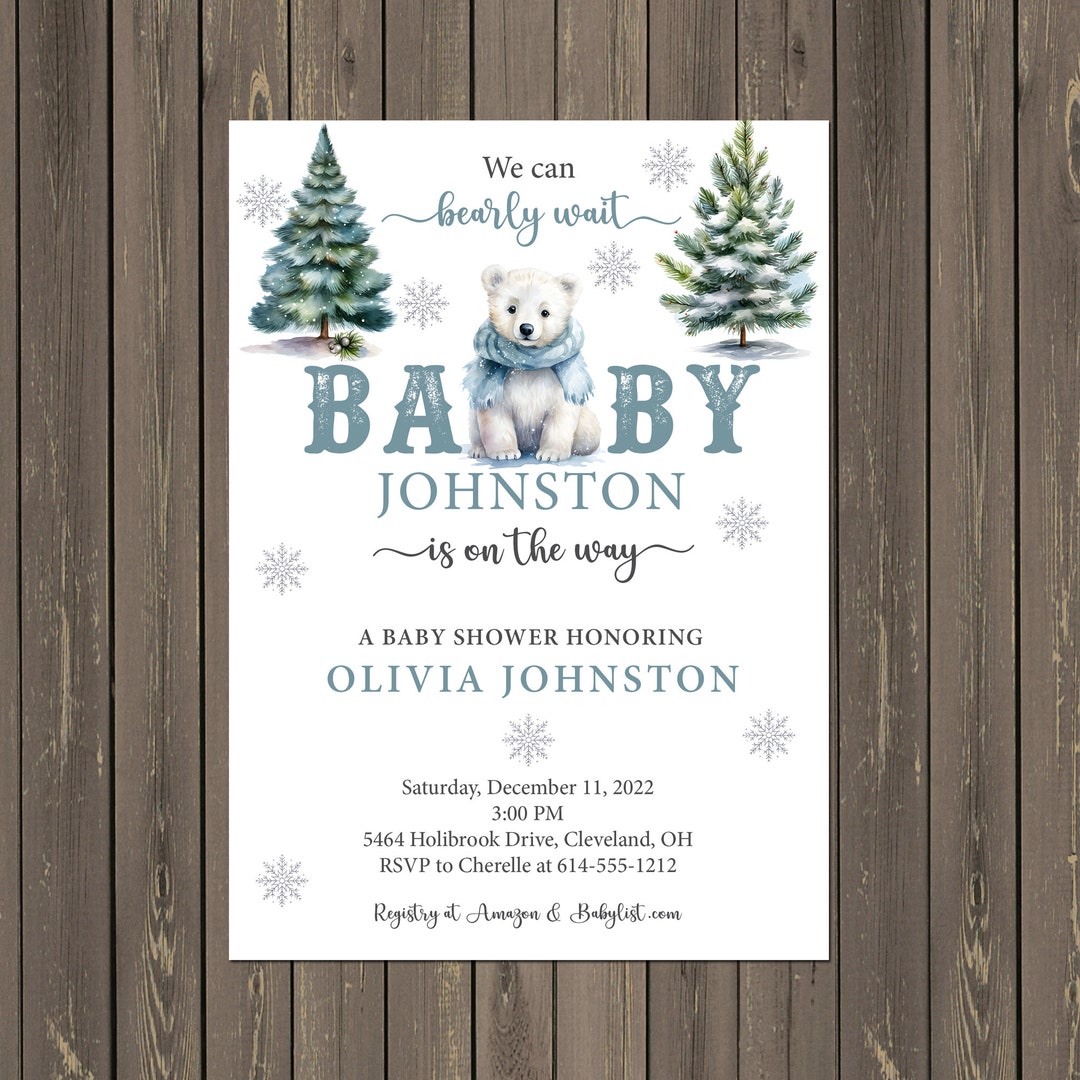 Polar Bear Baby Shower Invitation, Winter Bear Baby Shower, Snowflake ...