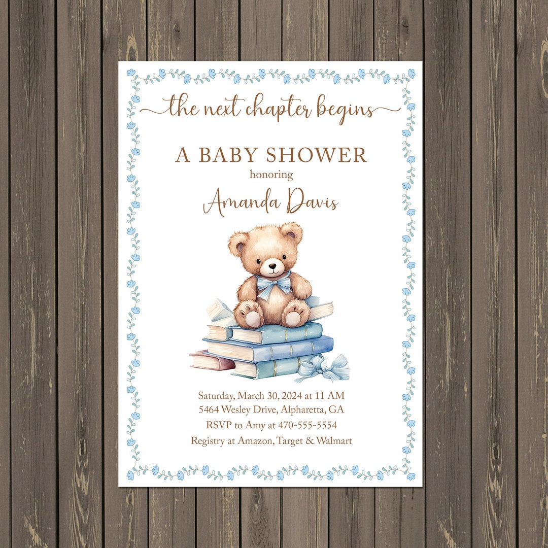 Book Baby Shower Invitation, Teddy Bear Baby Shower, Books for Baby ...