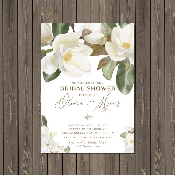 Magnolia Bridal Shower Invitation, White Magnolia Flower Invitation ...
