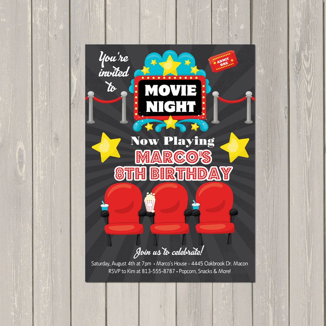 Movie Birthday Invitation, Movie Night Birthday Party Invitation, Kid's ...