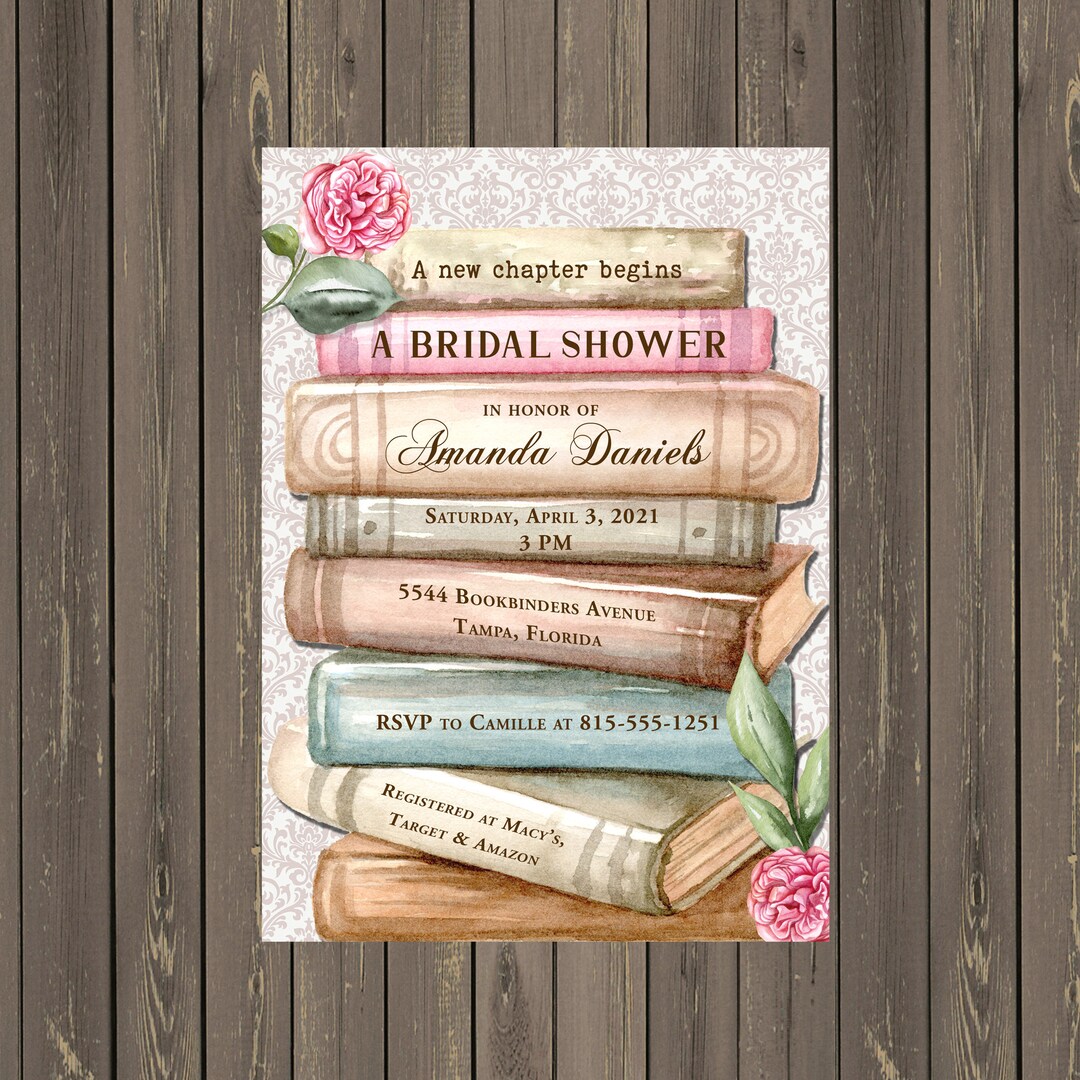 Watercolor Book Stack Bridal Shower Invitation (printable or Printed ...