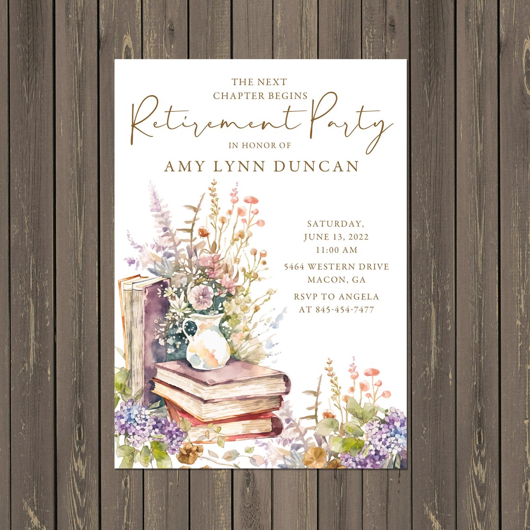 Book Retirement Party Invitation, Watercolor Floral Retirement Party ...