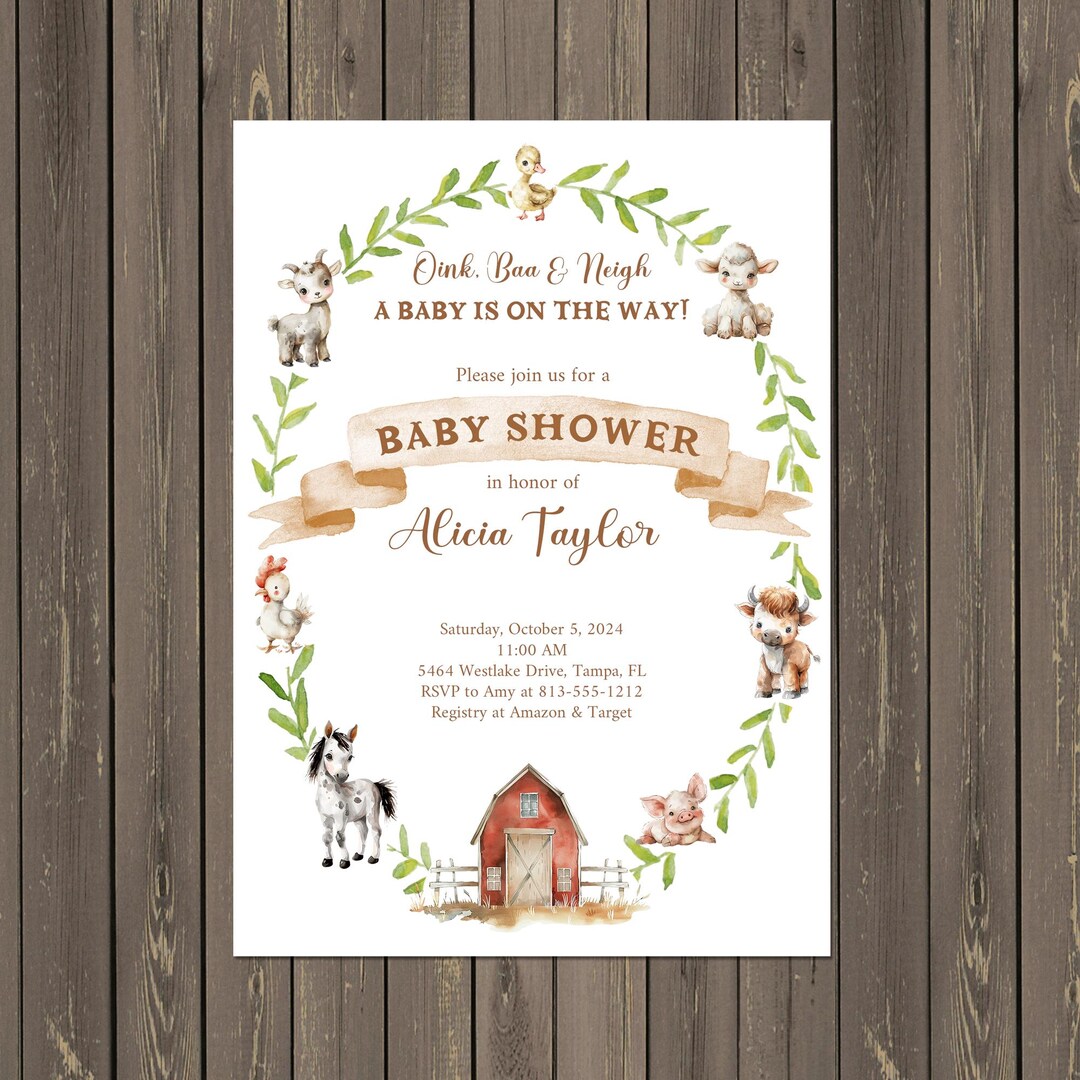 Farm Animal Baby Shower Invitation Oink Baa Neigh Theme With Greenery ...
