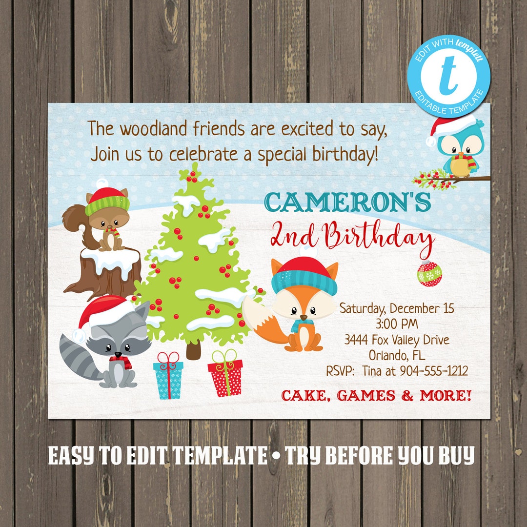 Winter Woodland Animals Birthday Party Invitation, Christmas Woodland ...