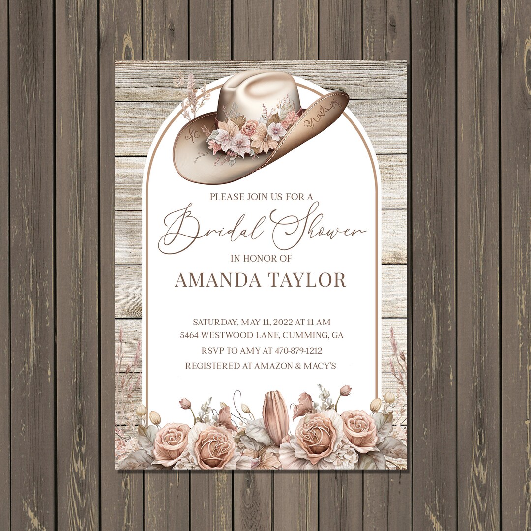 Cowgirl Bridal Shower Invitation, Cowboy Hat Invitation, Tan Flowers ...