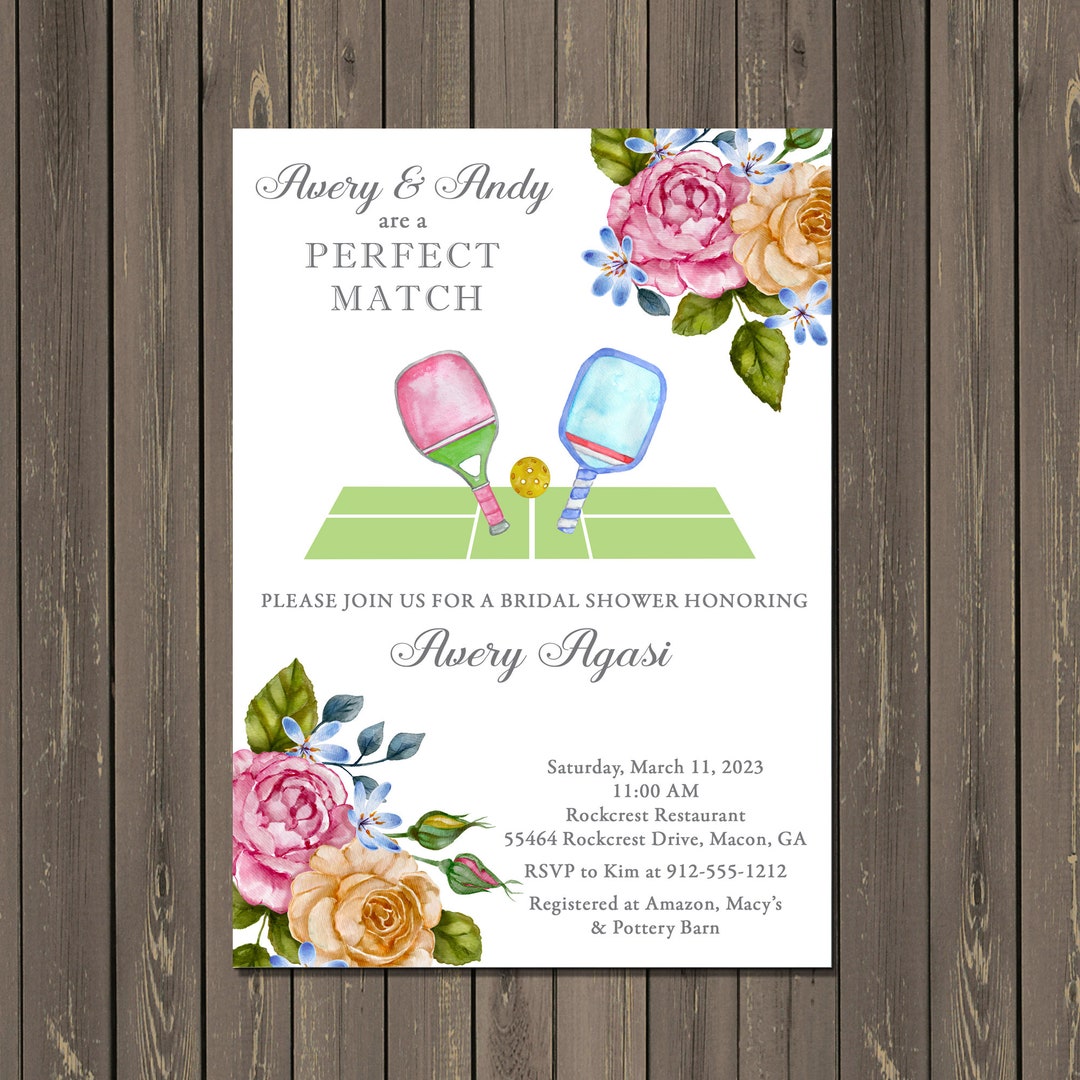 Pickleball Perfect Match Bridal Shower Invitations, Watercolor Floral ...