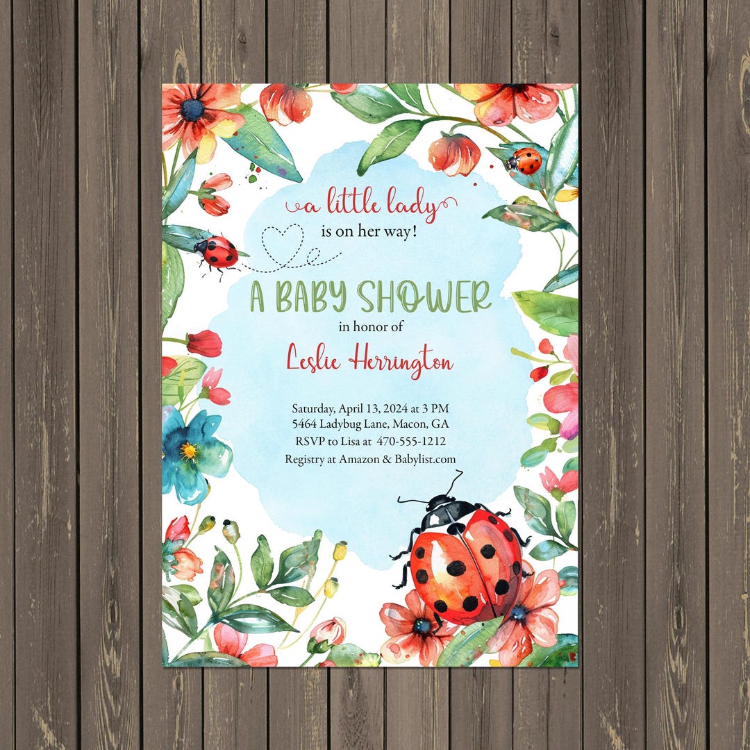 Watercolor Ladybug Baby Shower Invitation: Floral Design, Printable or ...