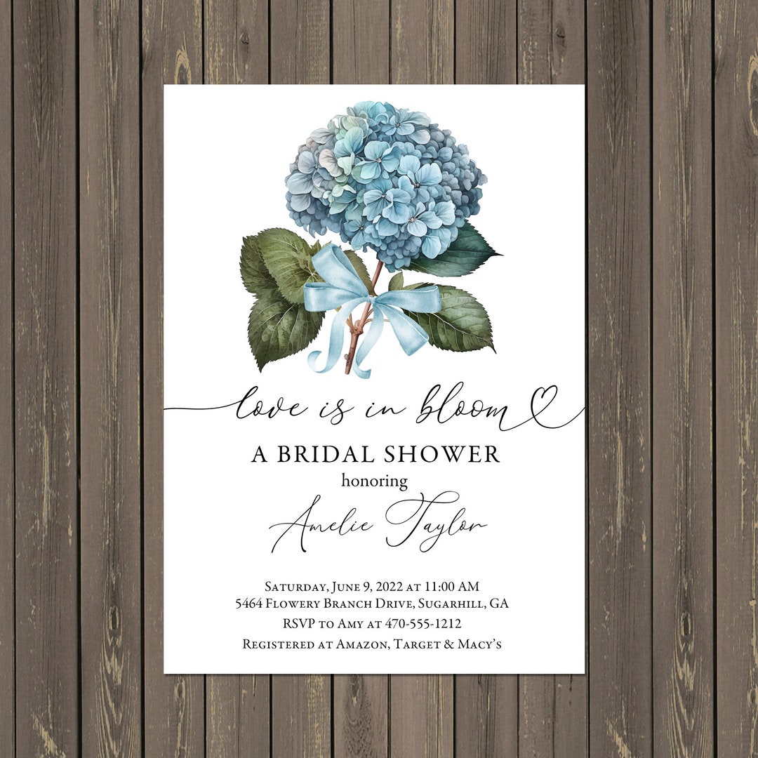 Hydrangea Bridal Shower Invitation Blue Hydrangea Bow Ribbon Wedding Shower Blue Floral Bridal ...
