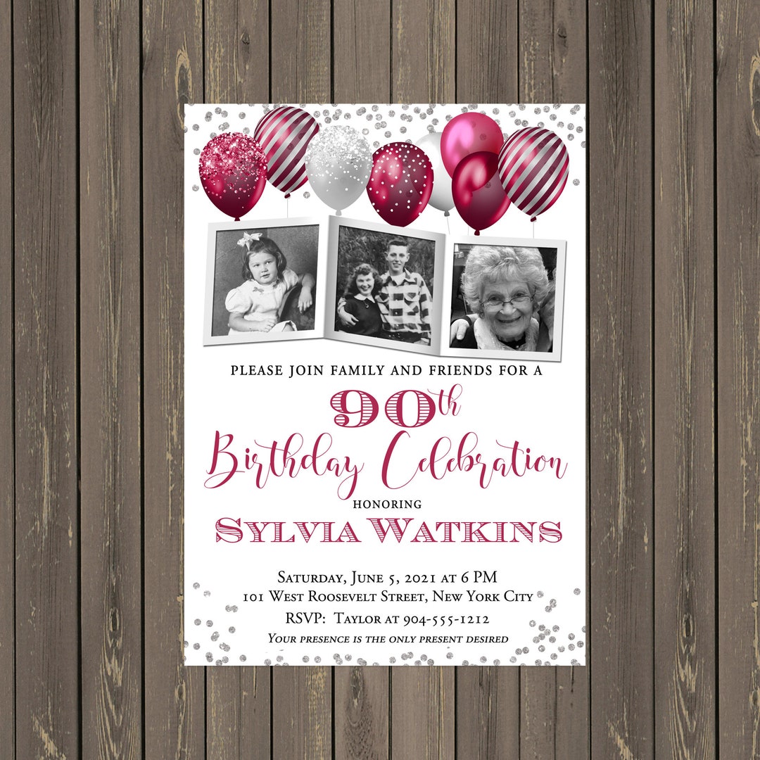 Adult Feminine Birthday Invitation, Pink and Silver Balloons Invitation ...