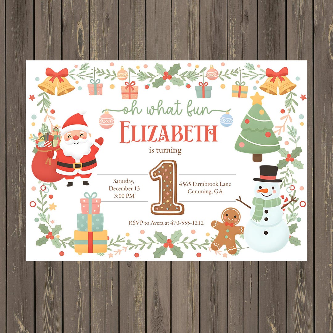 Christmas First Birthday Invitation | Winter Holiday Template (digital ...