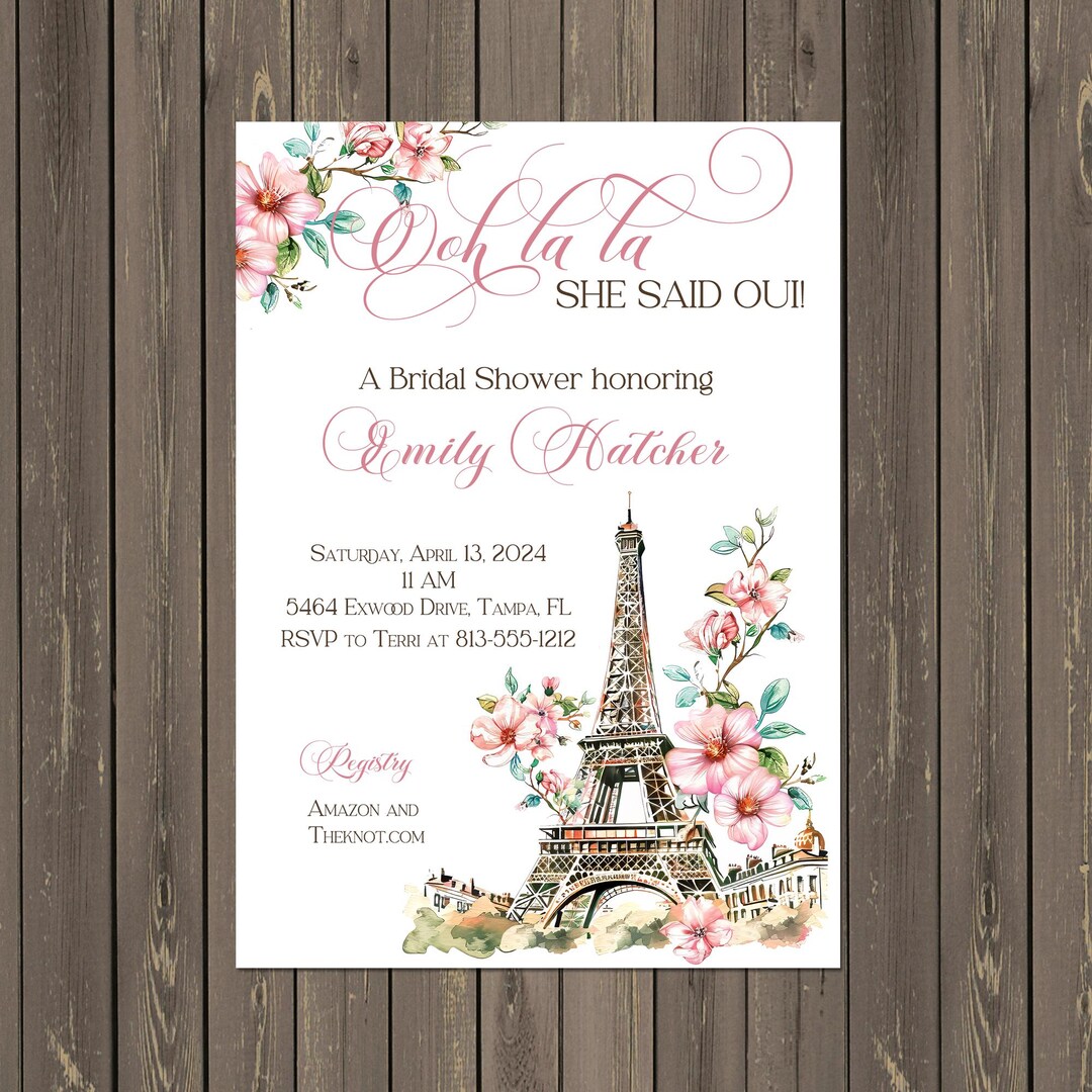 Paris Bridal Shower Invitation, Eiffel Tower Invitation, Romantic Pink ...