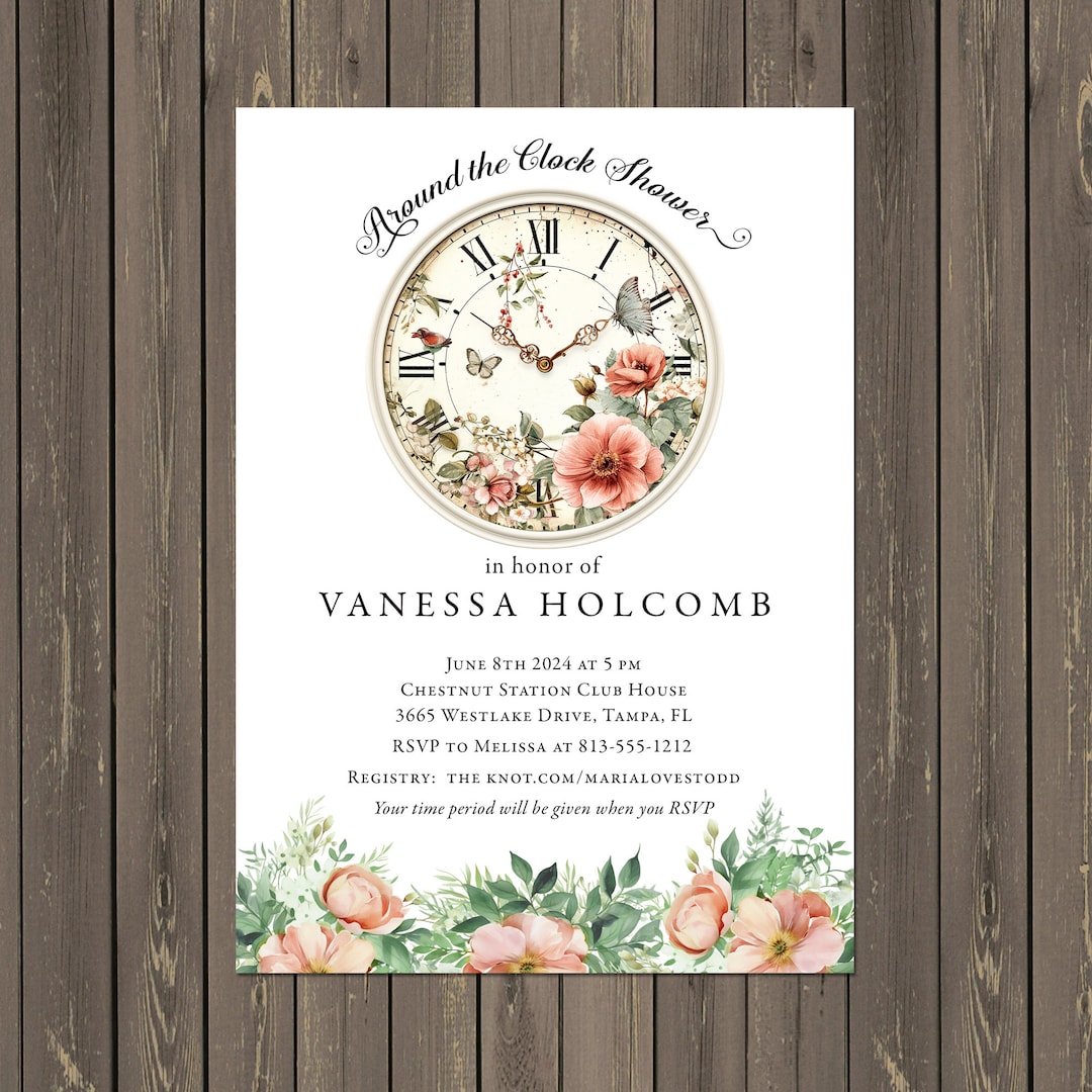 Around the Clock Bridal Shower Invitation, Antique Clock With Flowers ...