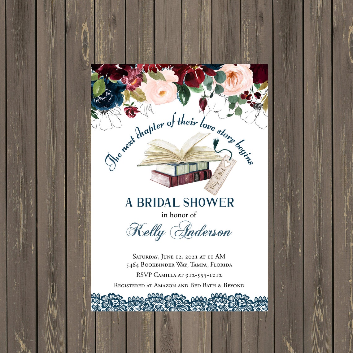 Book Themed Bridal Shower Invitation: Navy & Burgundy Floral (printable ...