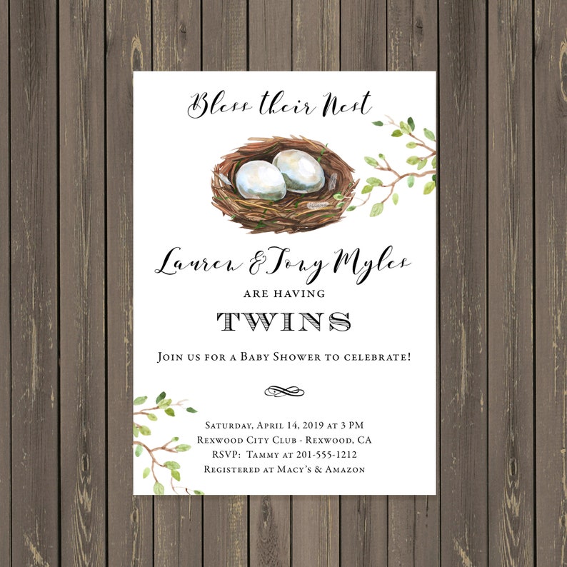 Bird Nest Baby Shower Invitation, Twins Baby Shower Invitations, Bird ...
