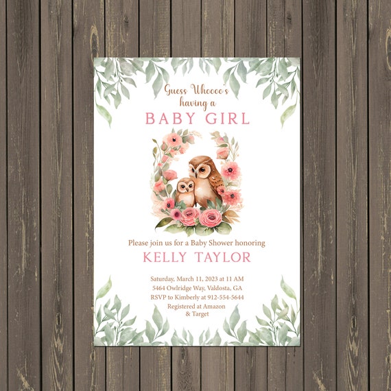 Owl Baby Shower Invitation, Pink Watercolor Floral Owl Baby Shower ...