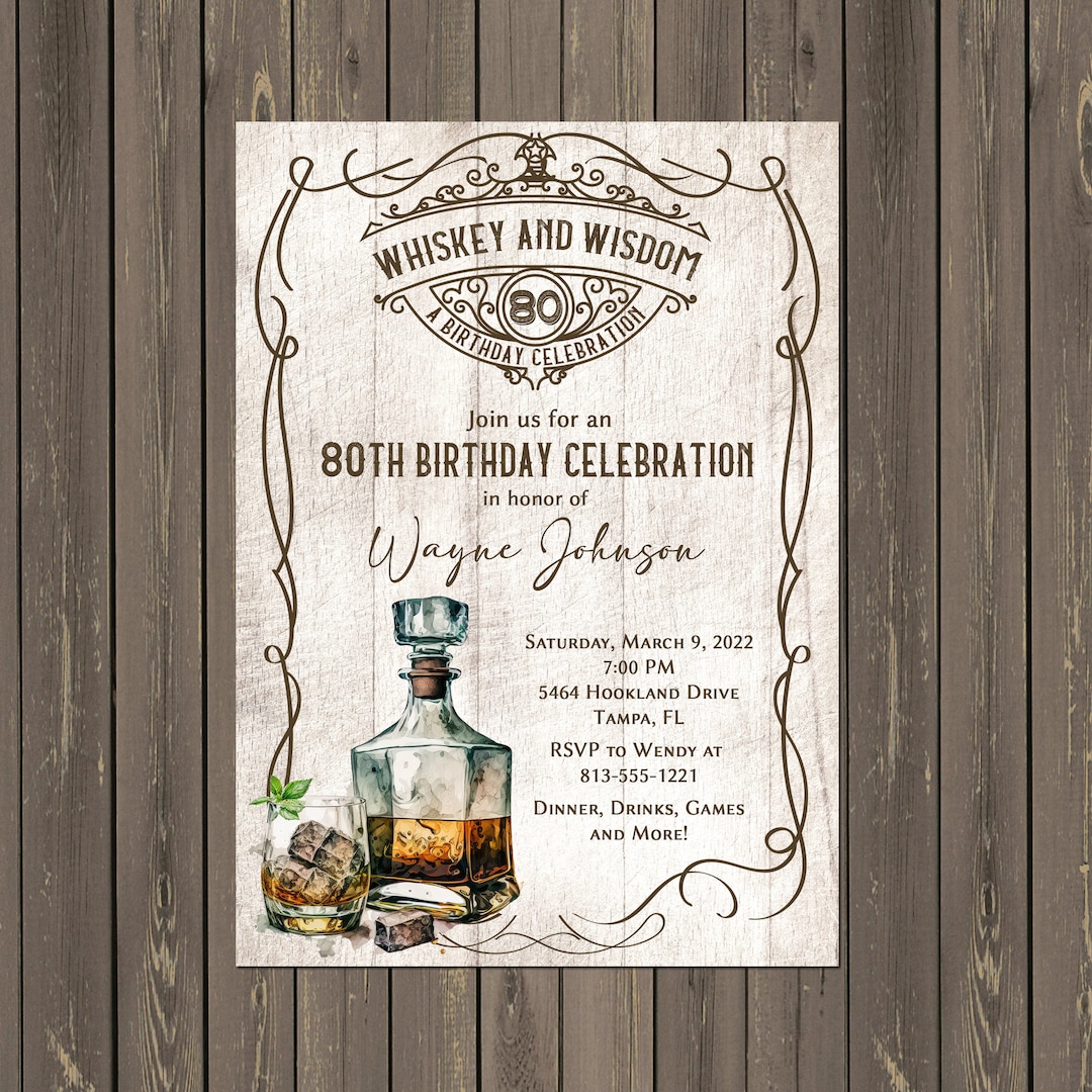 Whiskey Birthday Invitation, Whiskey and Wisdom Men's Birthday ...
