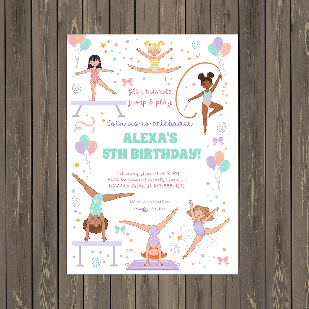 Gymnastics Birthday Invitation • Flip Tumble Jump & Play Party • Girls ...