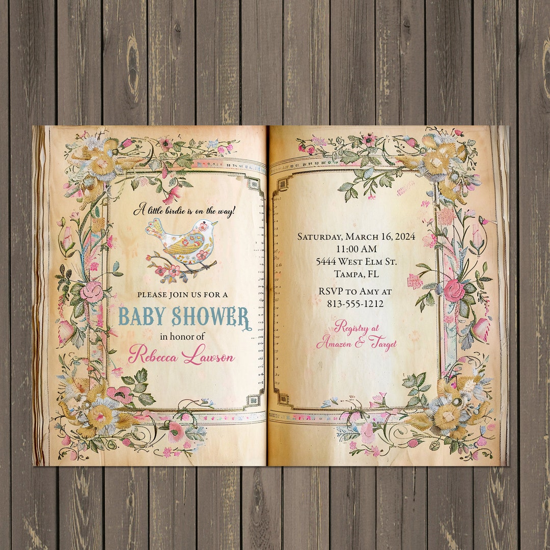 Vintage Storybook Baby Shower Invitation: Rustic Floral Bird Theme ...