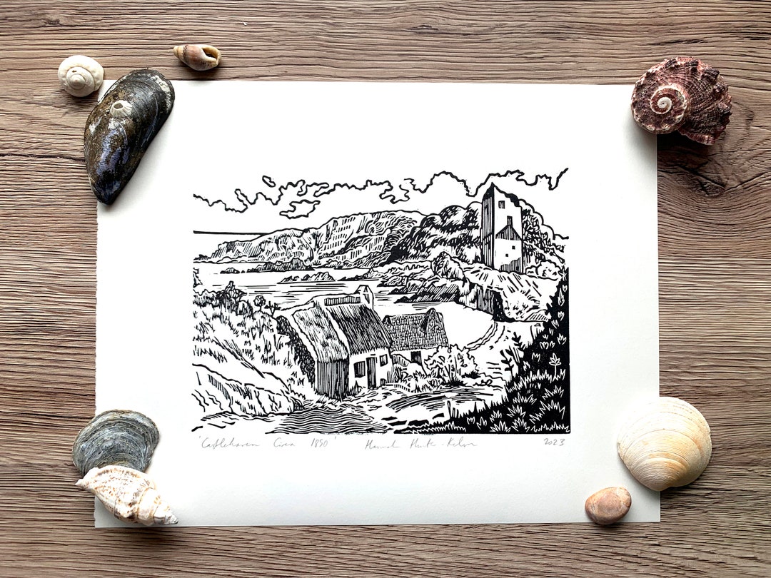 Castlehaven Circa 1860 - Linocut Print - Irish Print - Ireland Print - Etsy
