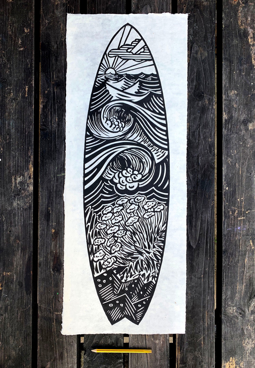Pintail Surfboard Linocut Print – Handcrafted Coastal Art for Surf ...