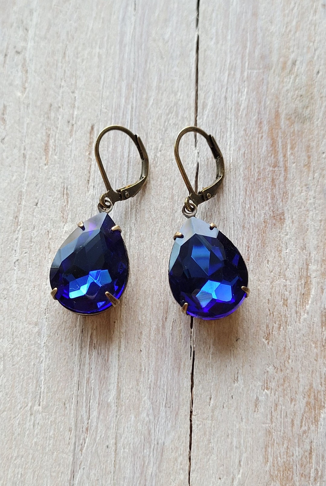 Blue Pear Shape Crystal in Brass Setting, Lever Back, Christmas ...