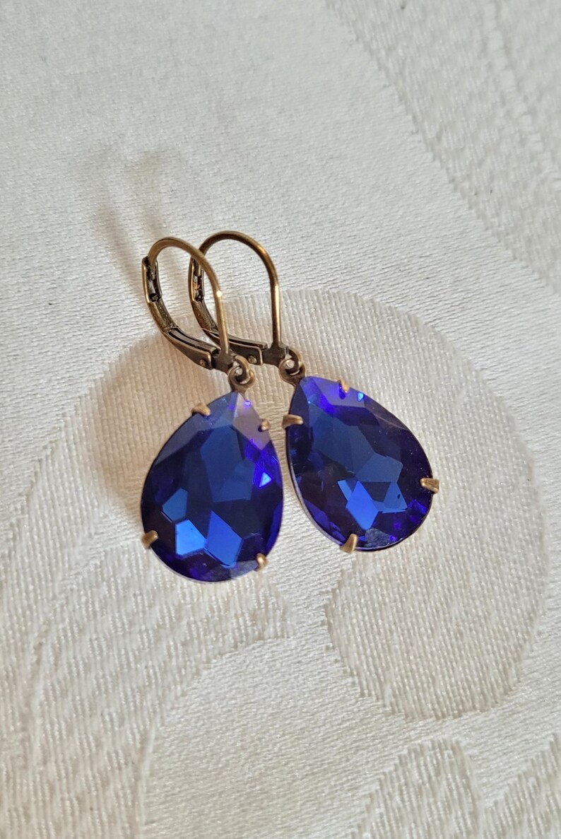 Blue Pear Shape Crystal in Brass Setting Lever Back - Etsy