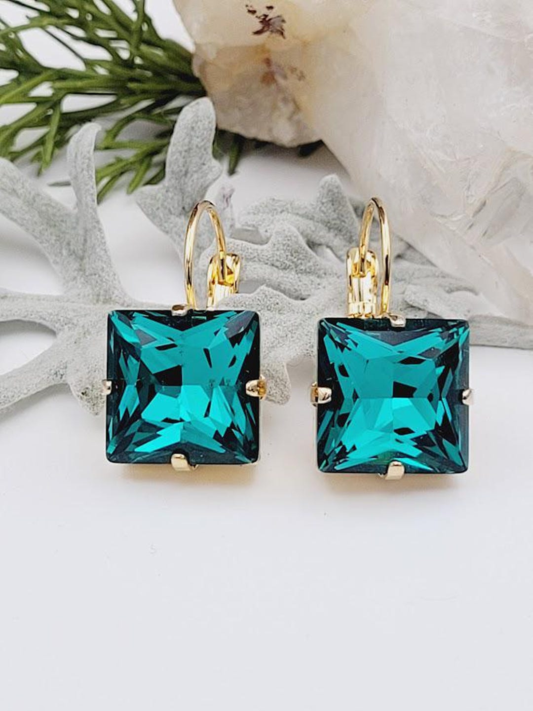 Emerald Green Square Earrings, Princess Cut Emerald Green Earrings Gold ...