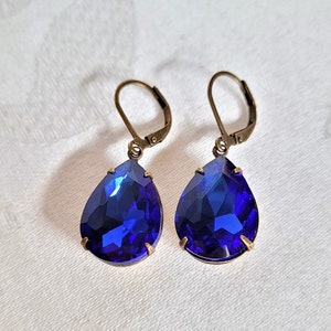 Blue Pear Shape Crystal in Brass Setting, Lever Back, Christmas ...