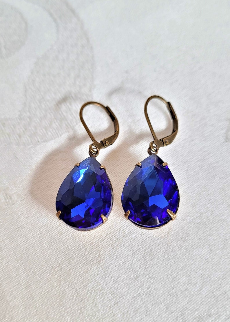 Blue Pear Shape Crystal in Brass Setting Lever Back - Etsy